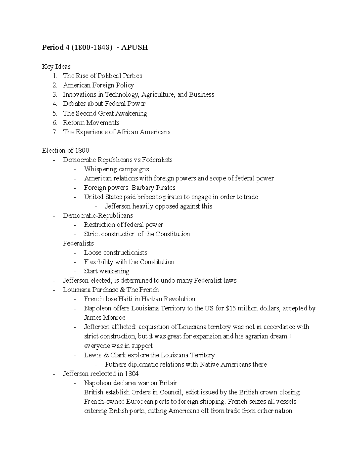 Period 4 APUSH Lecture Notes: 1800-1848 - Key Concepts & Events - Studocu