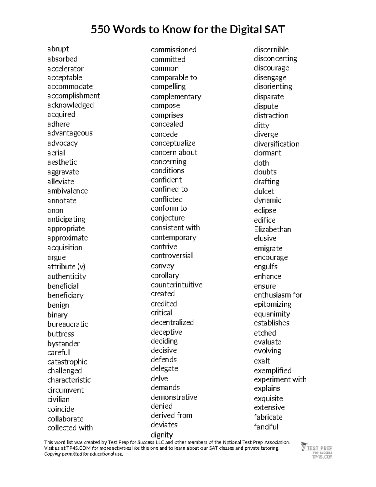 550 Essential Vocabulary Words for the Digital SAT Preparation - Studocu