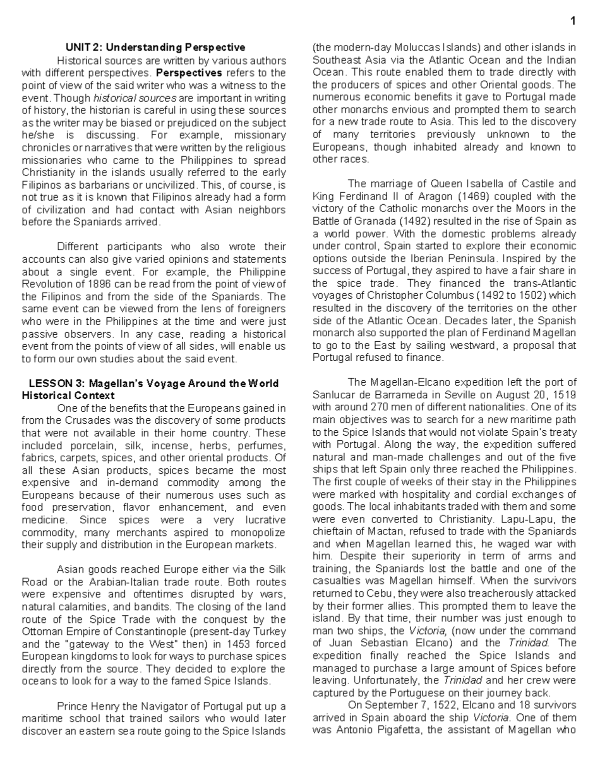 Lesson 3: Magellan's Voyage & Perspectives on Historical Events - Studocu