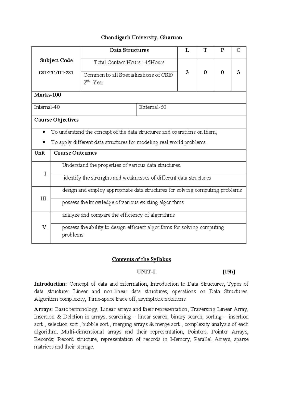 Chandigarh University, Gharuan Data Structures Syllabus (DS 2nd Year ...