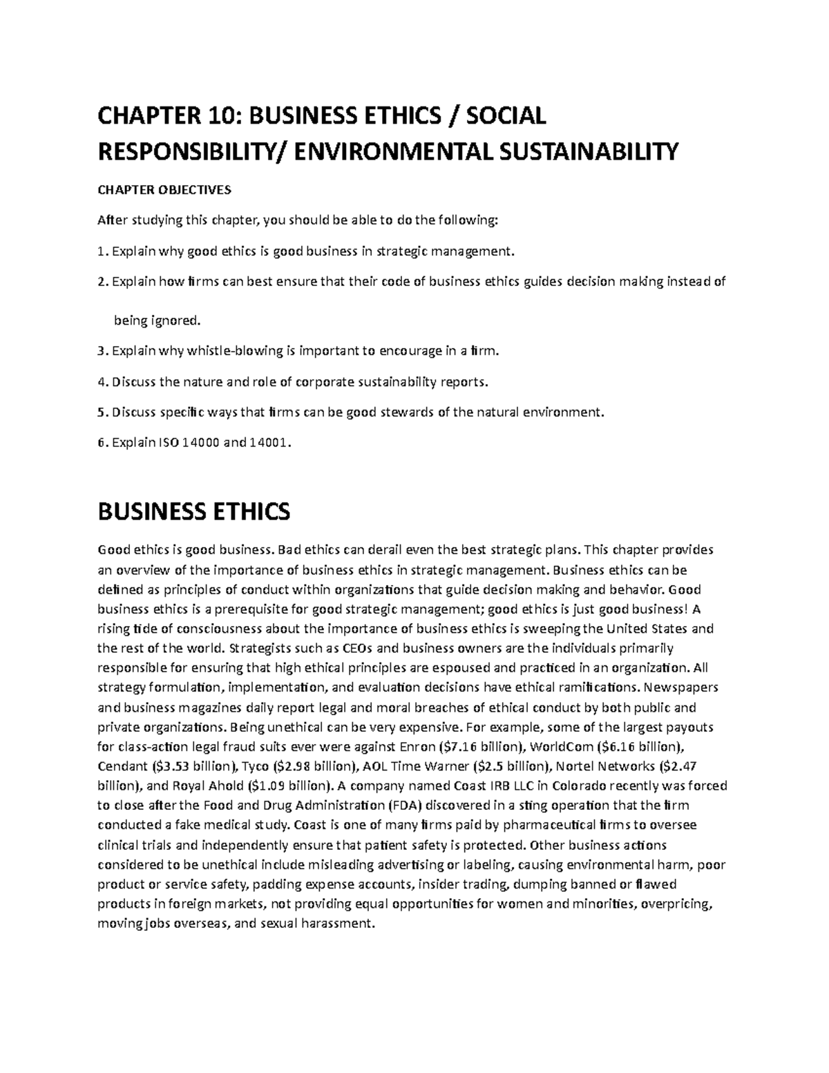 Chapter 10: Business Ethics, Social Responsibility & Environmental ...