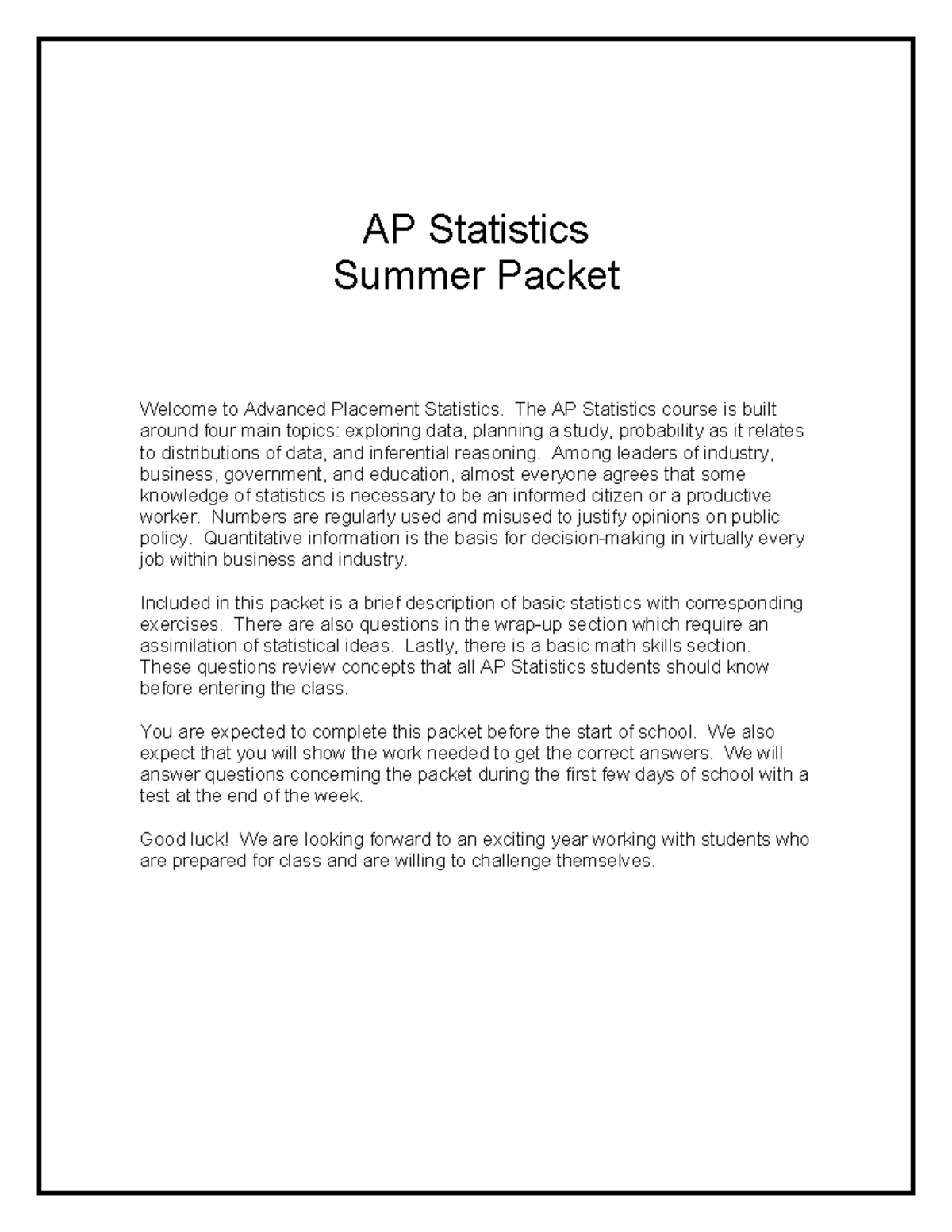 AP Statistics (AP Stat) Summer Assignment Overview and Exercises - Studocu