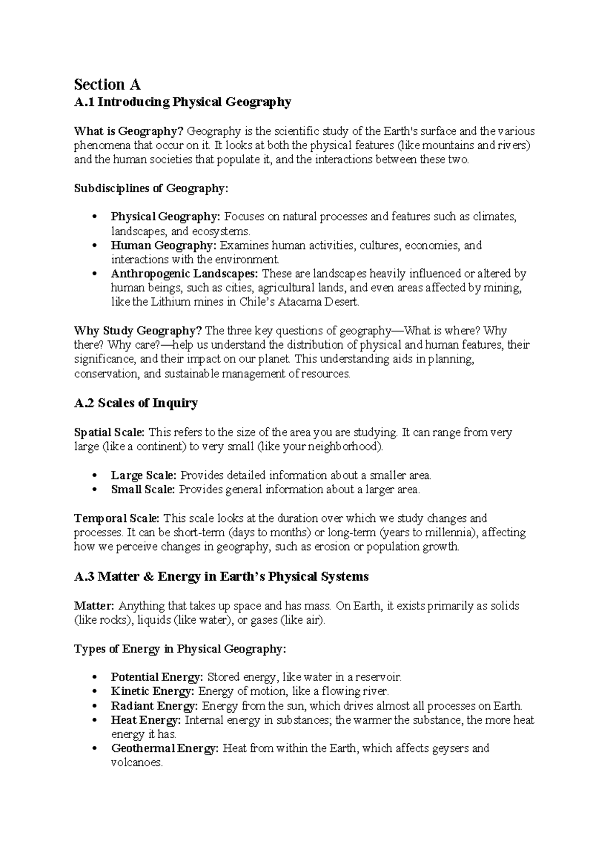 GEOL1290 Notes - Section A A Introducing Physical Geography What is ...