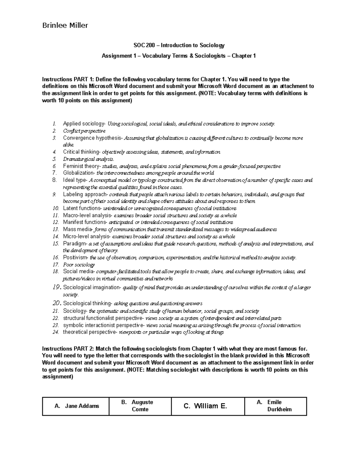 SOC 200 - Assignment 1: Vocabulary & Sociologists for Chapter 1 - Studocu