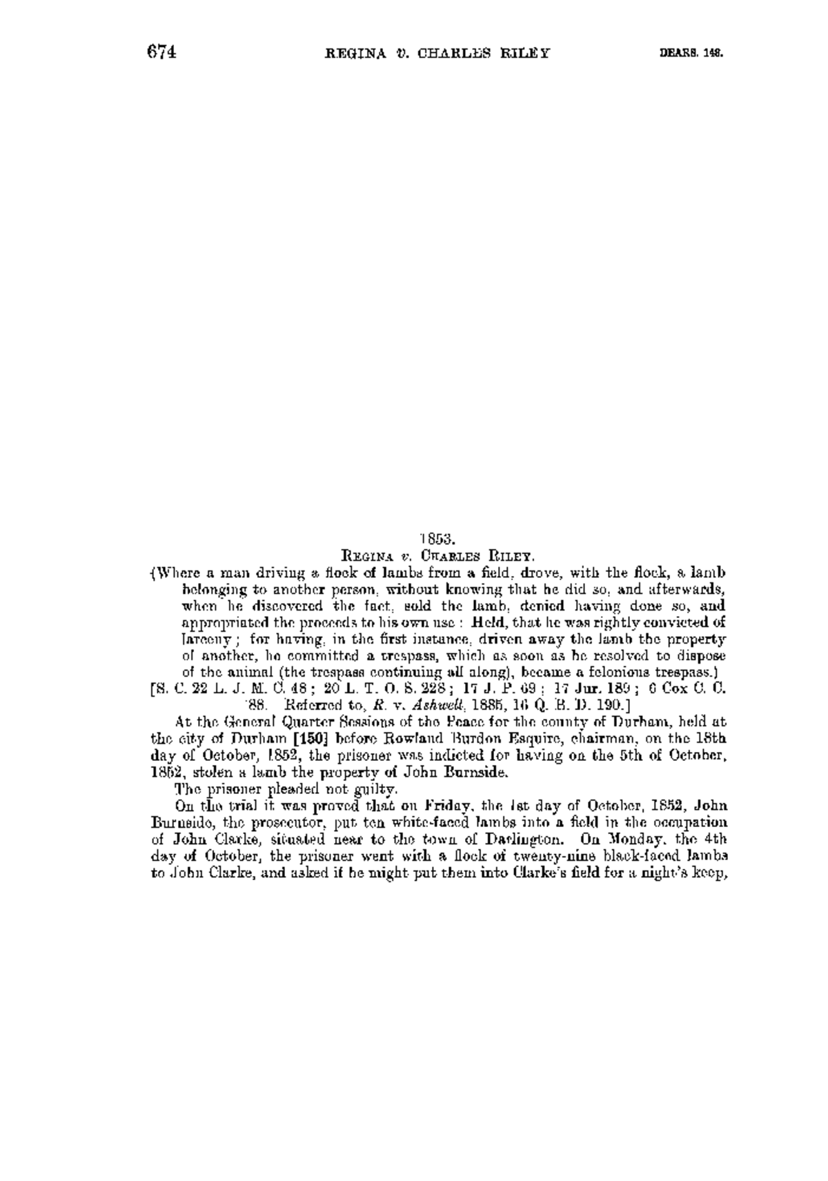 Regina v. Charles Riley: Larceny Case Analysis (1853) - Studocu