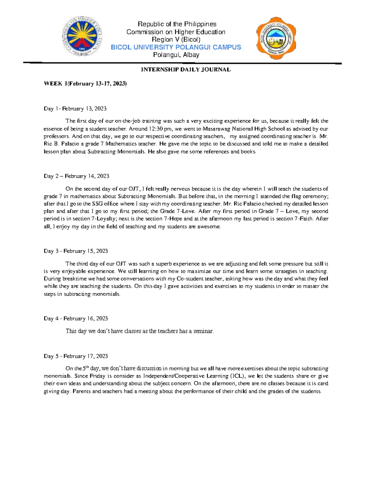 WEEK 1 Internship Daily Journal: Student Teaching Experience - Studocu