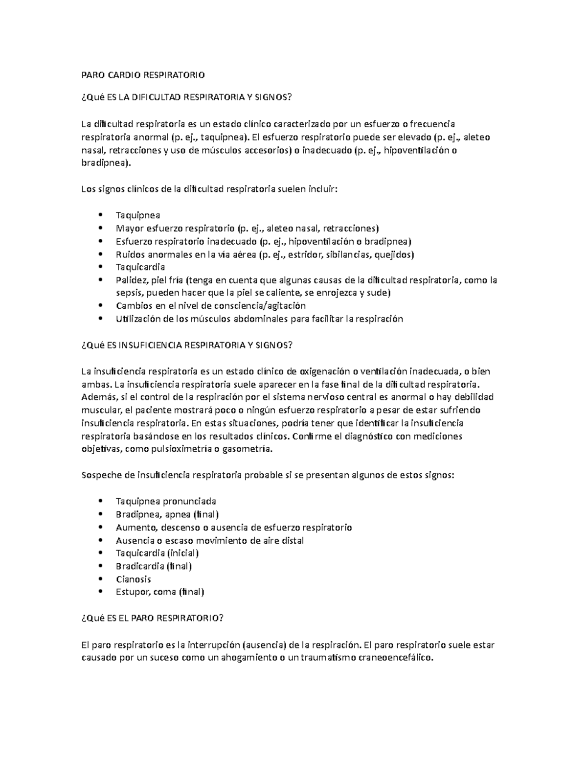 Resumen de Preguntas y Procedimientos ACLS 2020 - Paro Respiratorio y ...