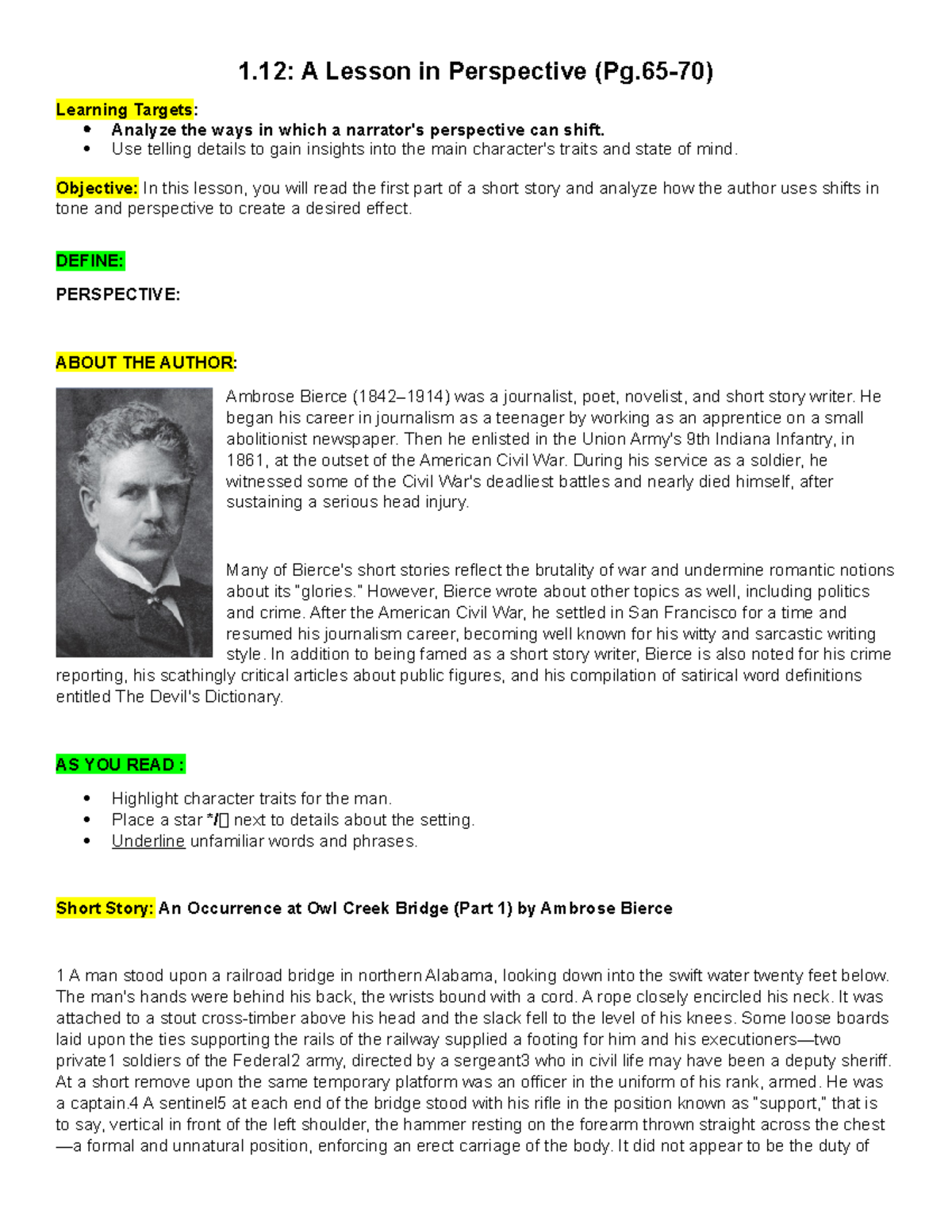 (Springboard) Unit 1 Lesson 1.12 Analyzing Narrative Perspective - Studocu