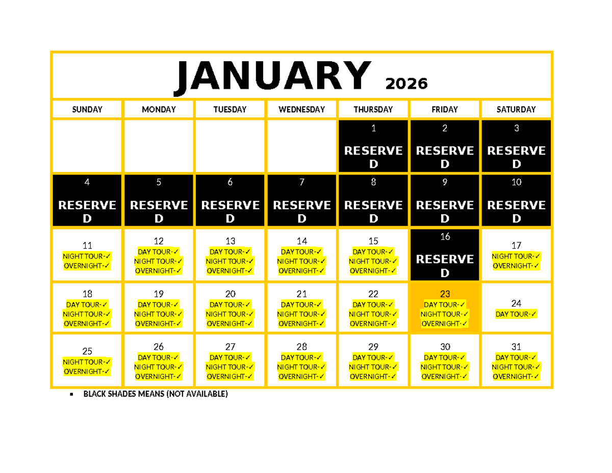 Calendar for Tours and Reservations - 2026 - Studocu