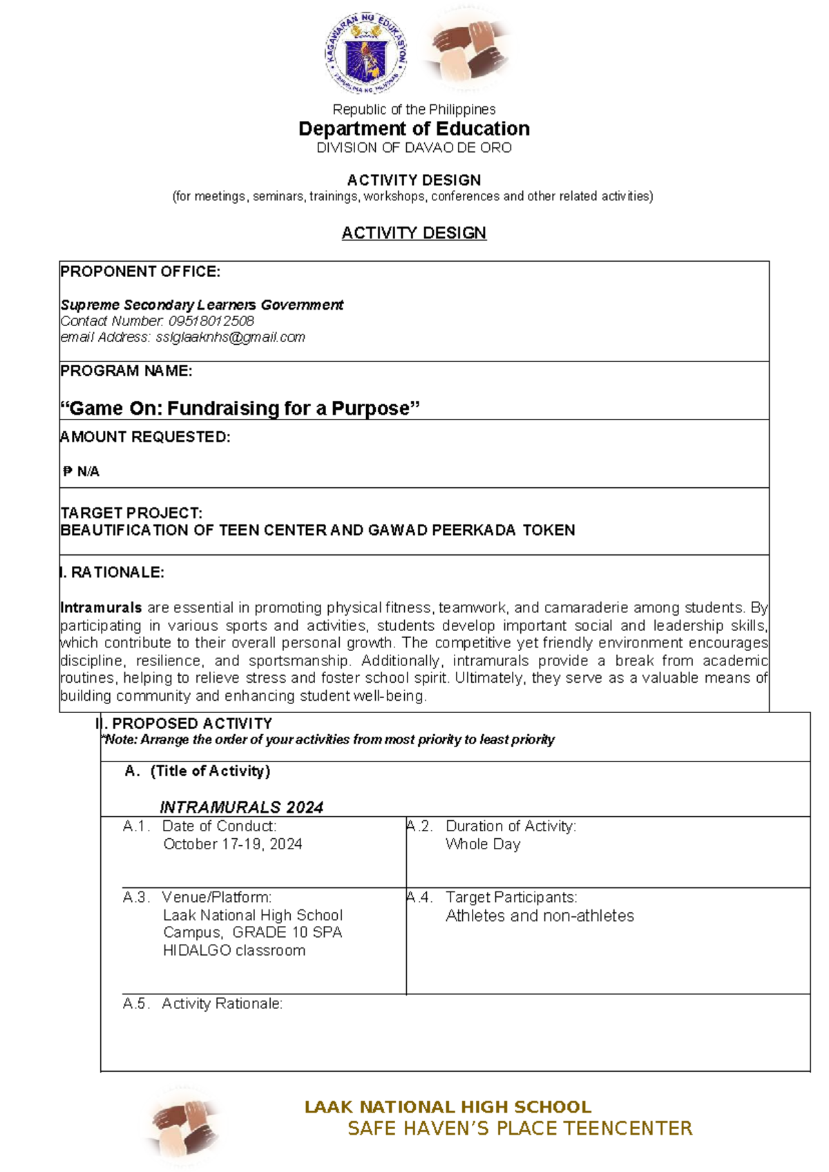 Activity Design for Intramurals 2024: Fundraising for Teen Center - Studocu