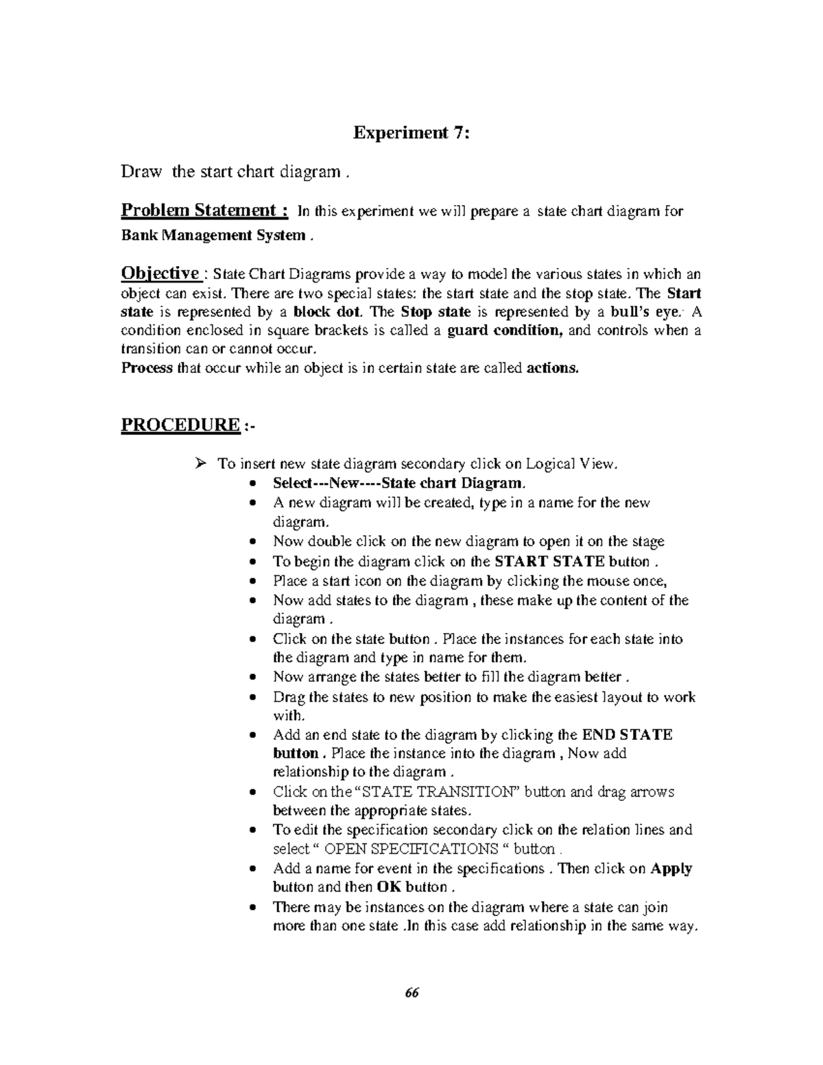 State Chart Diagram for Bank Management System - Experiment 7 - Studocu