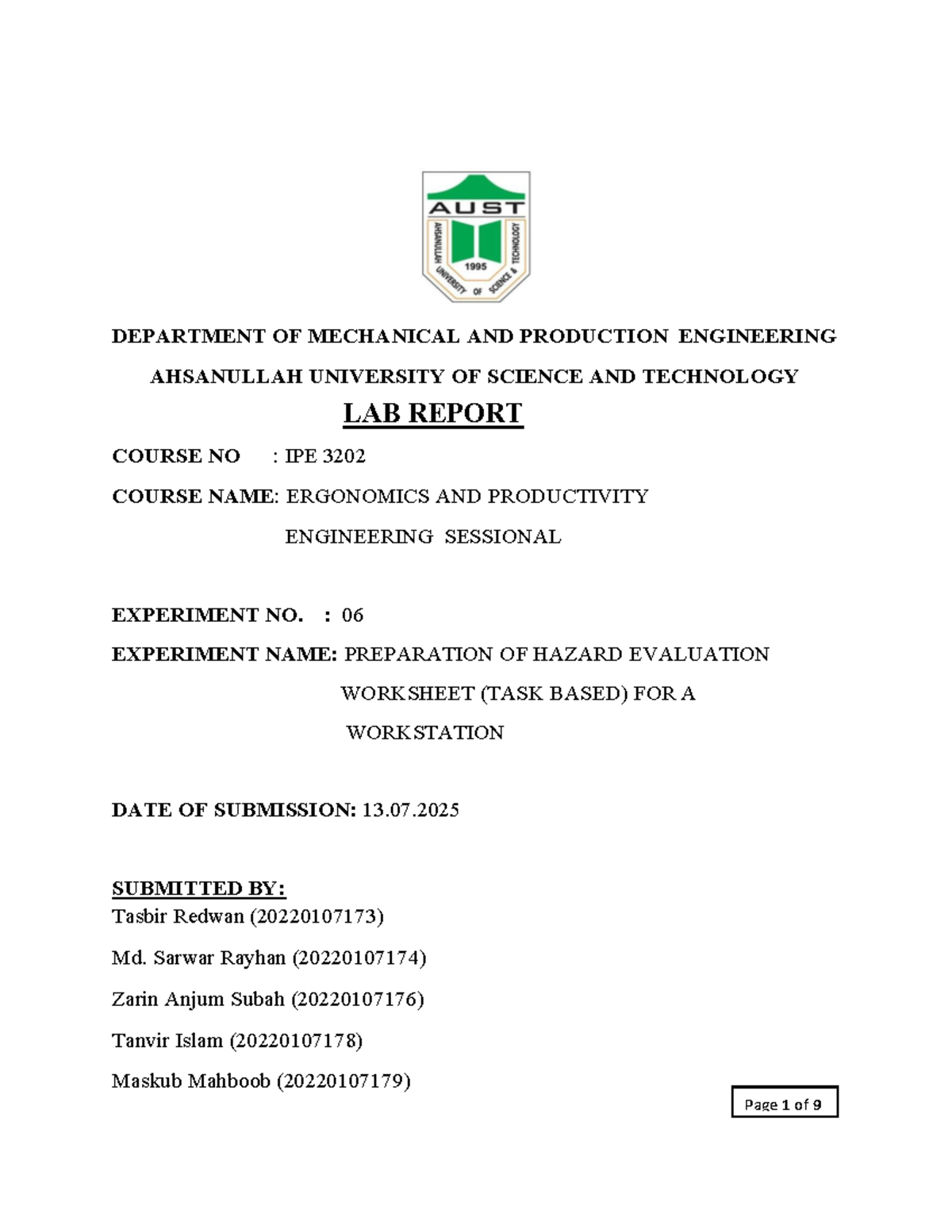 IPE 3202 Lab Report: Hazard Evaluation Worksheet for Workstation - Studocu