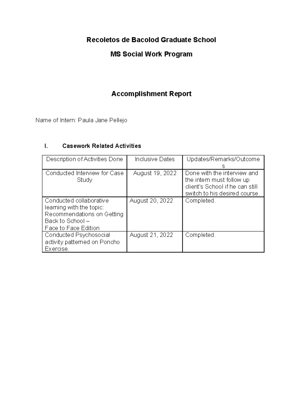 Accomplishment Report - Recoletos de Bacolod Graduate School MS Social ...