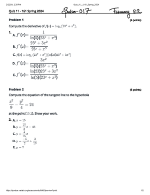 MA161 F24 Final Practice - Practice Problems for Final Exam: MA 161 Fall 2024 Note: The ...