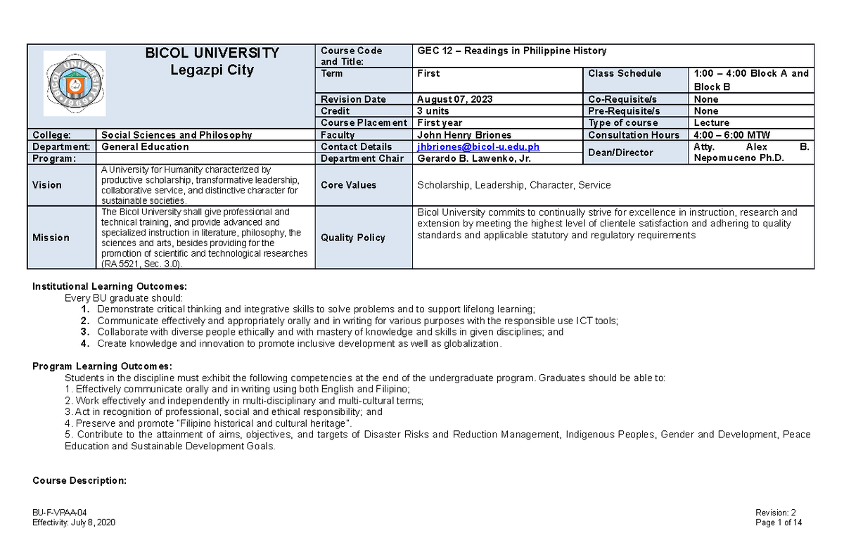 BS-Biology 080315 - Overview - BICOL UNIVERSITY Legazpi City Course ...