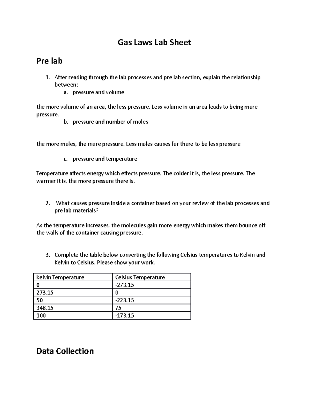 Gas Laws Lab Sheet: Relationships Between Pressure, Volume, and ...