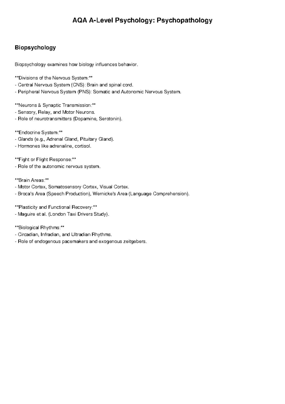AQA A Level Psychology Biopsychology - AQA A-Level Psychology ...