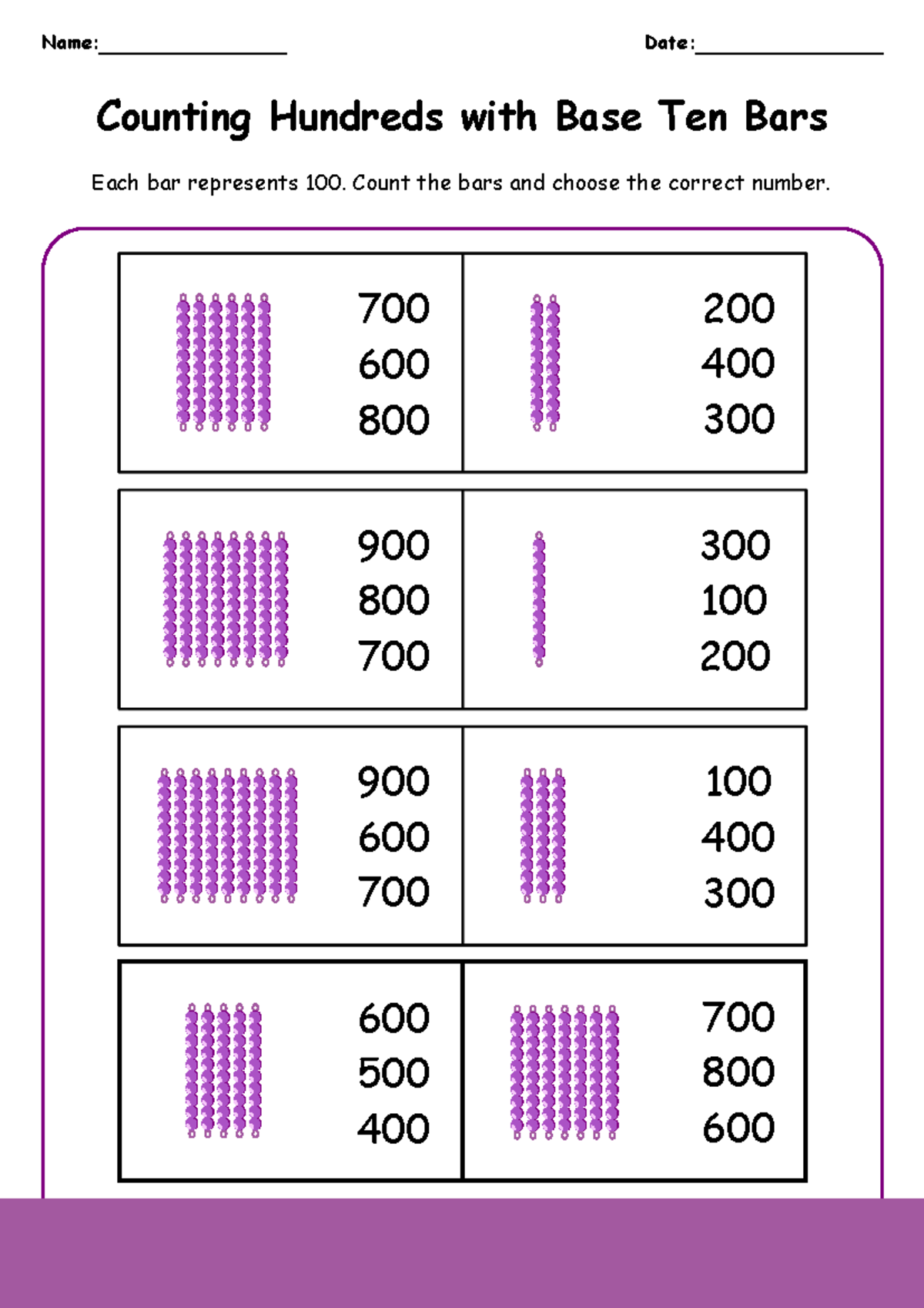 Counting Hundreds with Base Ten Bars - 2nd Grade Worksheet - Each bar ...