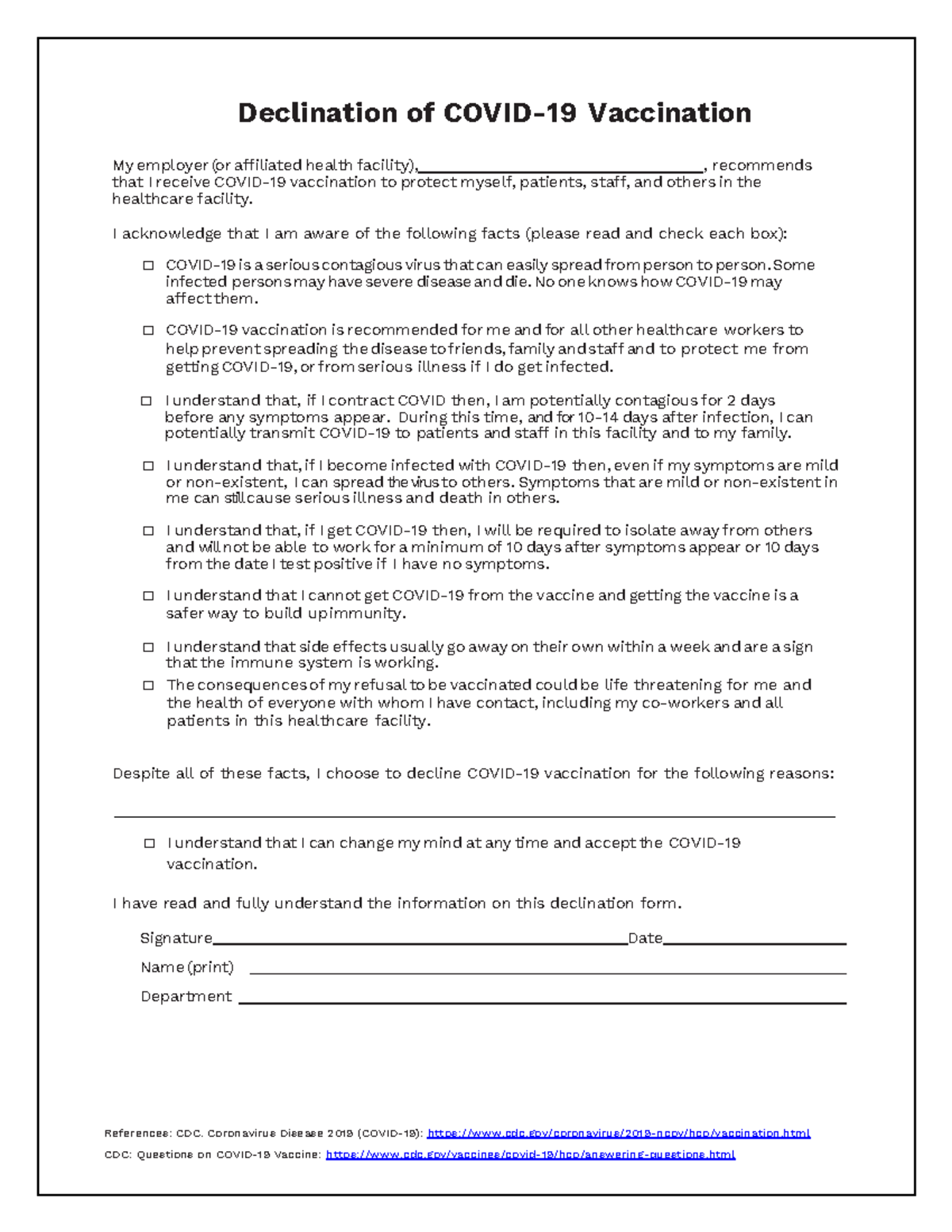 COVID-19 Vaccination Declination Form: Acknowledgment & Consequences ...
