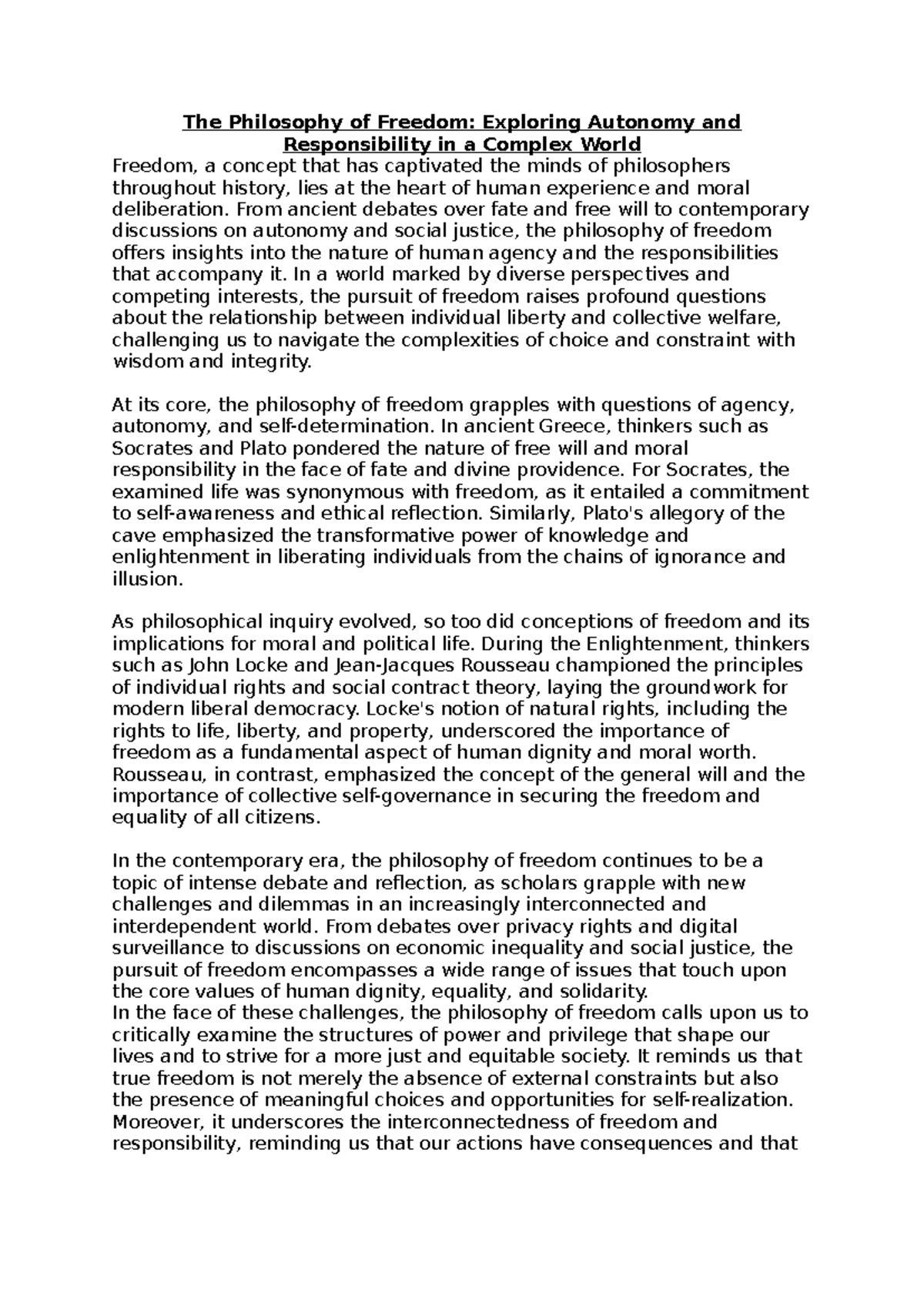 The Philosophy of Freedom: Autonomy and Responsibility Examined - Studocu