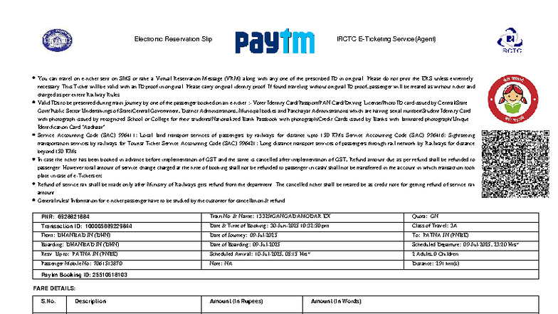 Electronic Reservation Slip for IRCTC Service (Agent) - Important ...