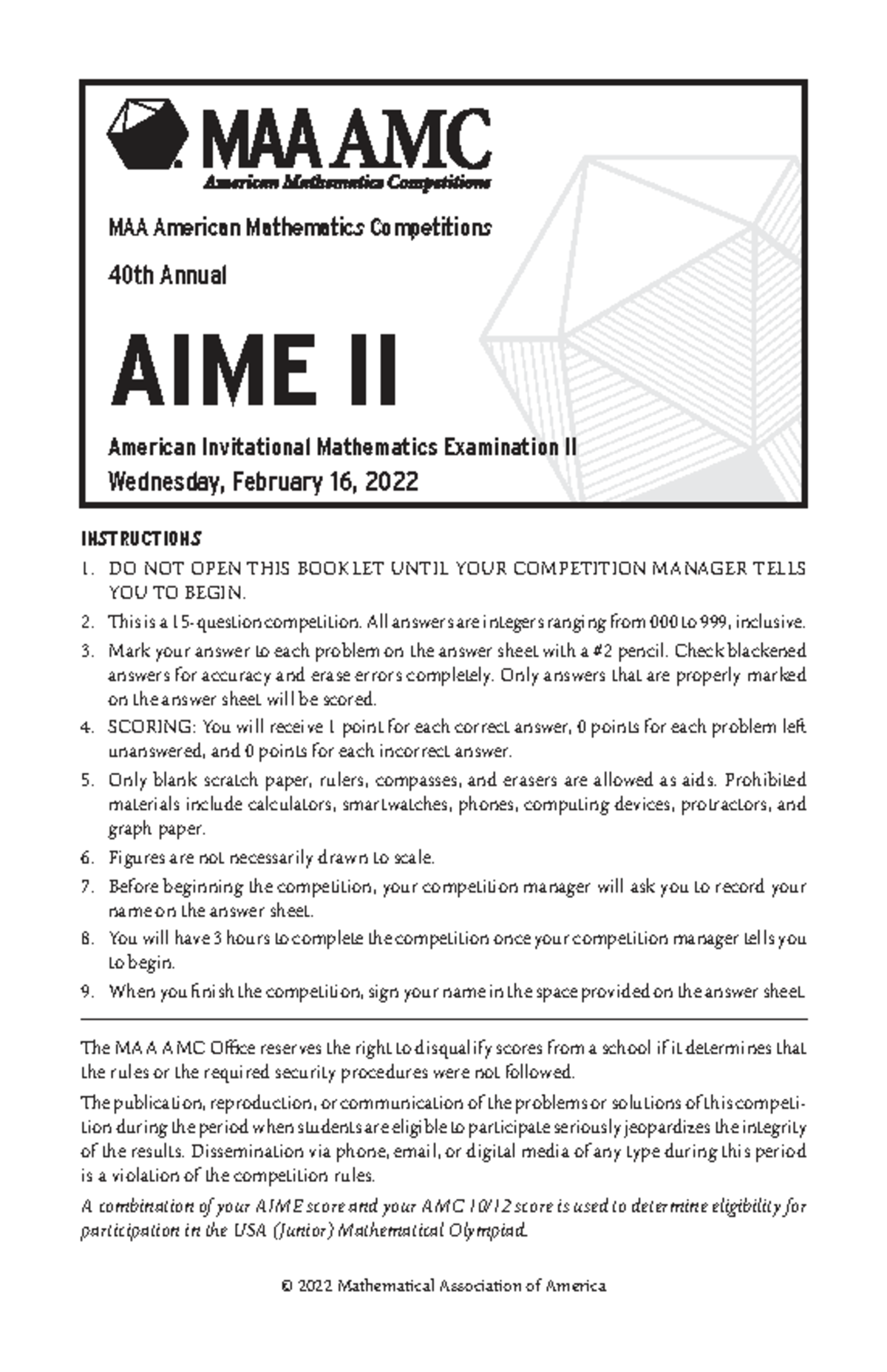 2022 AIME II Problems and Instructions - MAA Competition - Studocu
