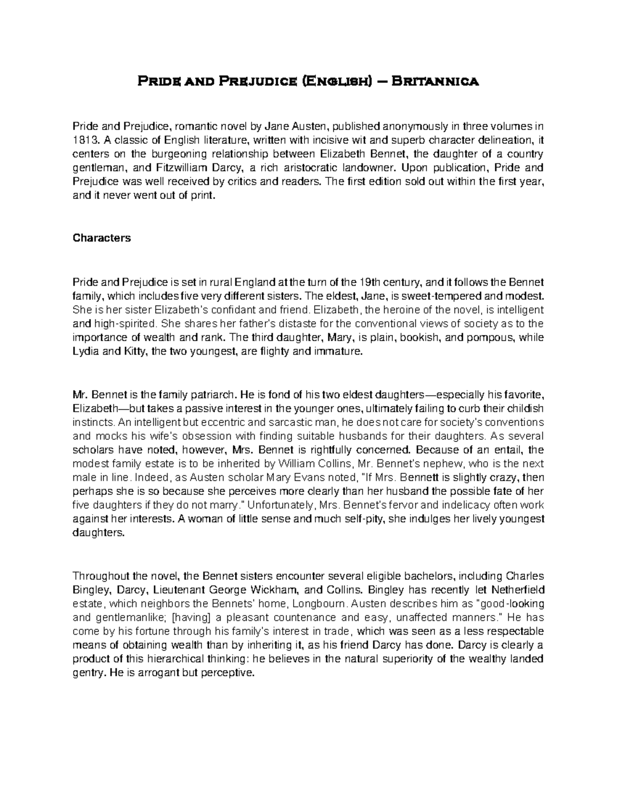 Pride-and-Prejudice - Summary of the book - Pride and Prejudice ...