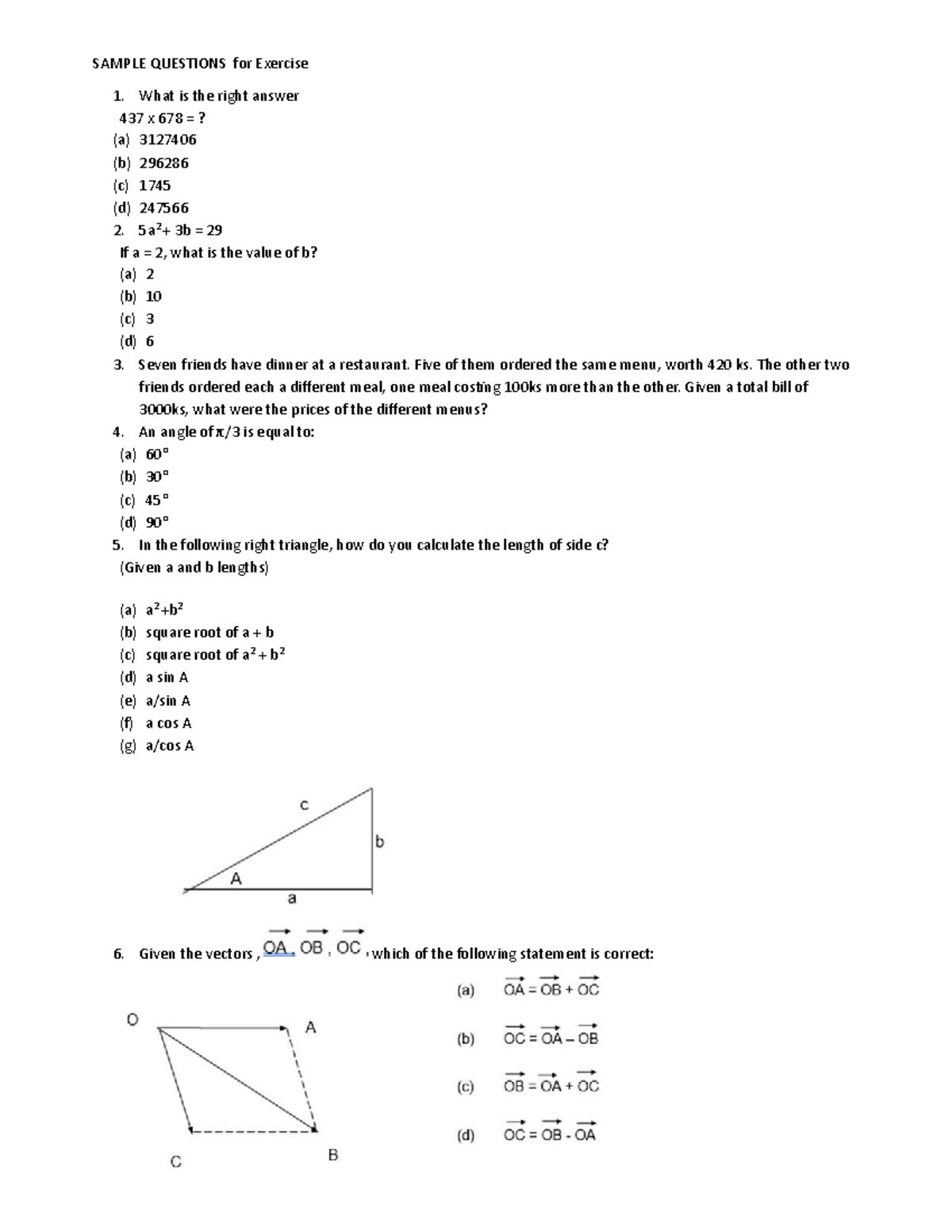 SAMPLE QUESTIONS for Exercise 1 - Math & Physics Concepts - Studocu