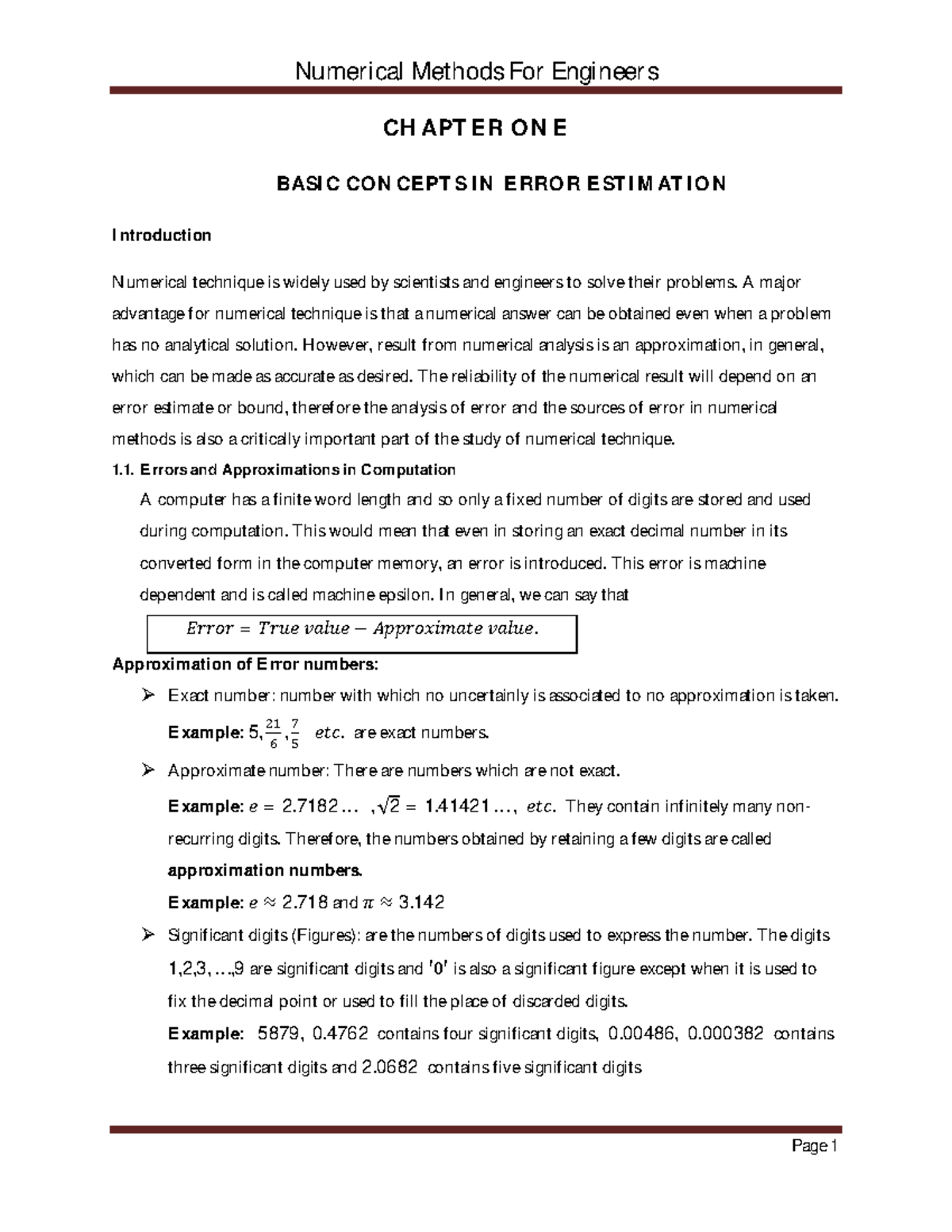 Num - Numerical analysis - CHAPTER ONE BASIC CONCEPTS IN ERROR ESTIMATION Introduction Numerical ...