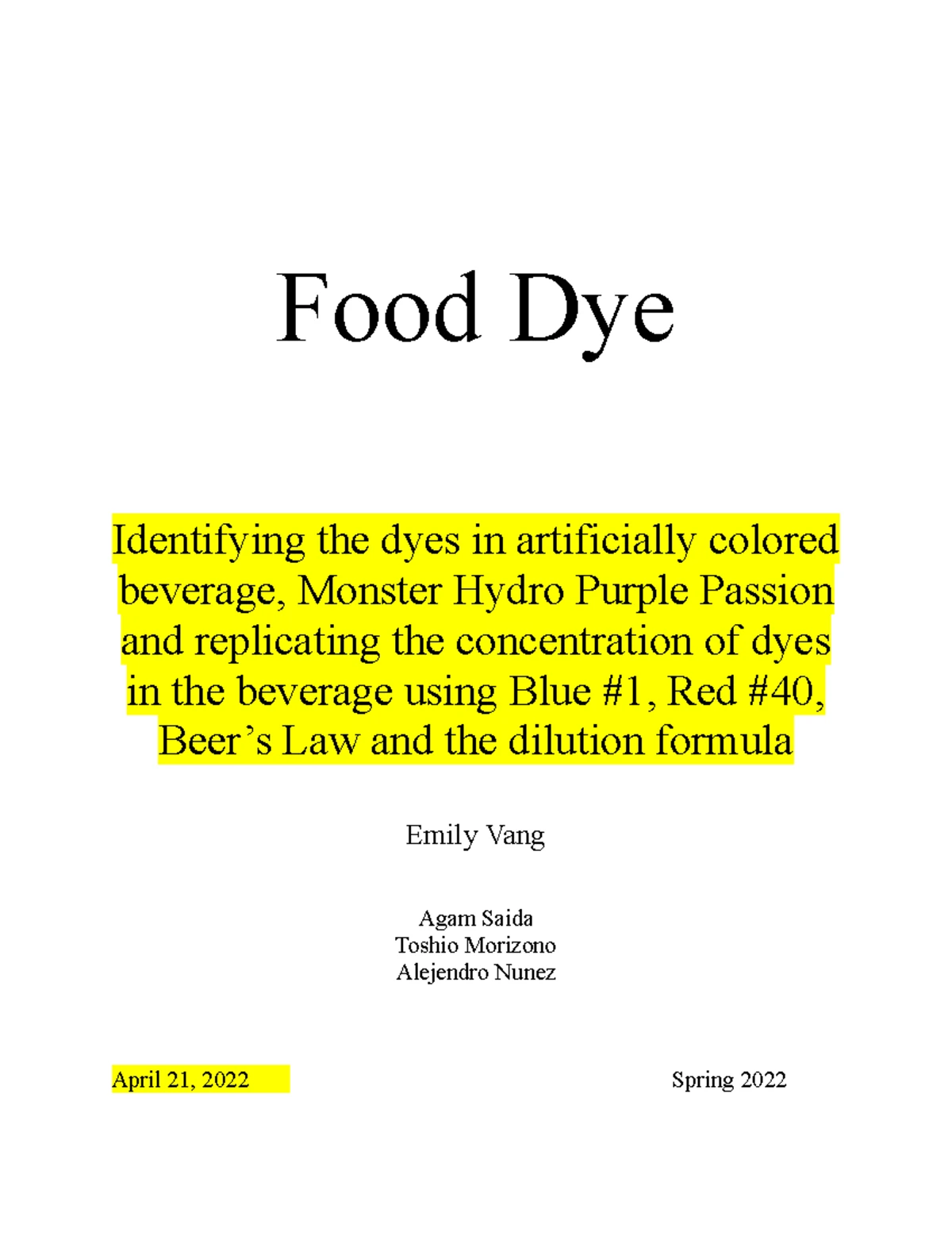 Food Dye Analysis Lab Report for Gatorade - CHEM 101, Fall 2024 - Studocu