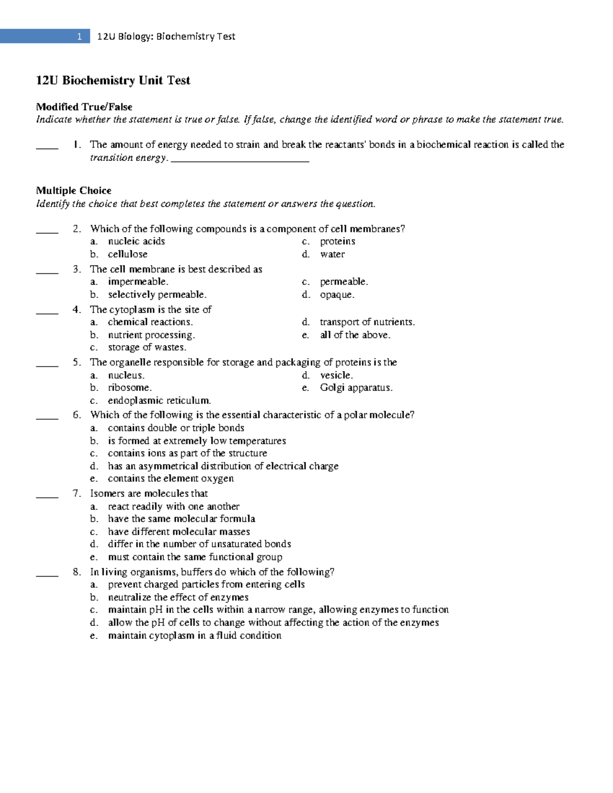 12U Biochemistry Unit Test with Answers & Achievement Chart - Studocu