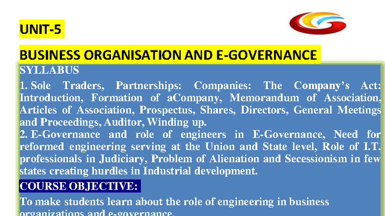 BUSINESS ORGANIZATION & E-GOVERNANCE: UNIT 5 OVERVIEW - Studocu