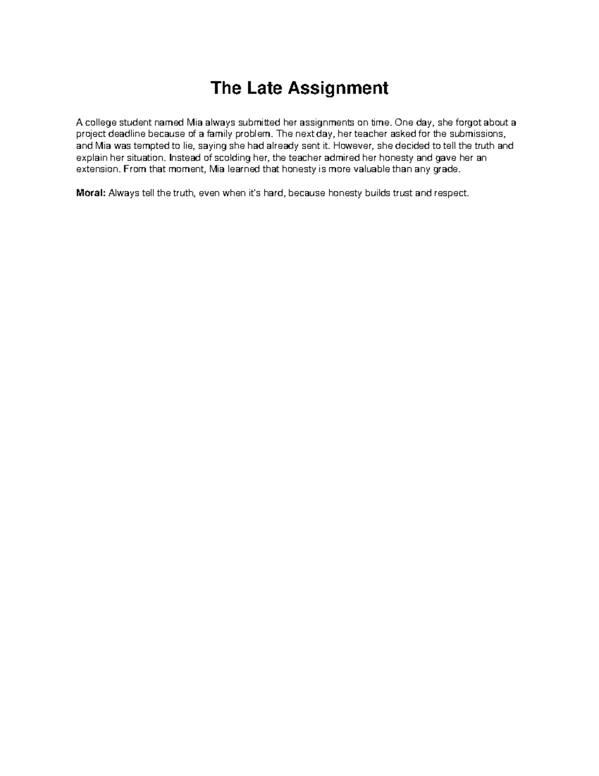 The Late Assignment: A Lesson in Honesty and Integrity - Studocu