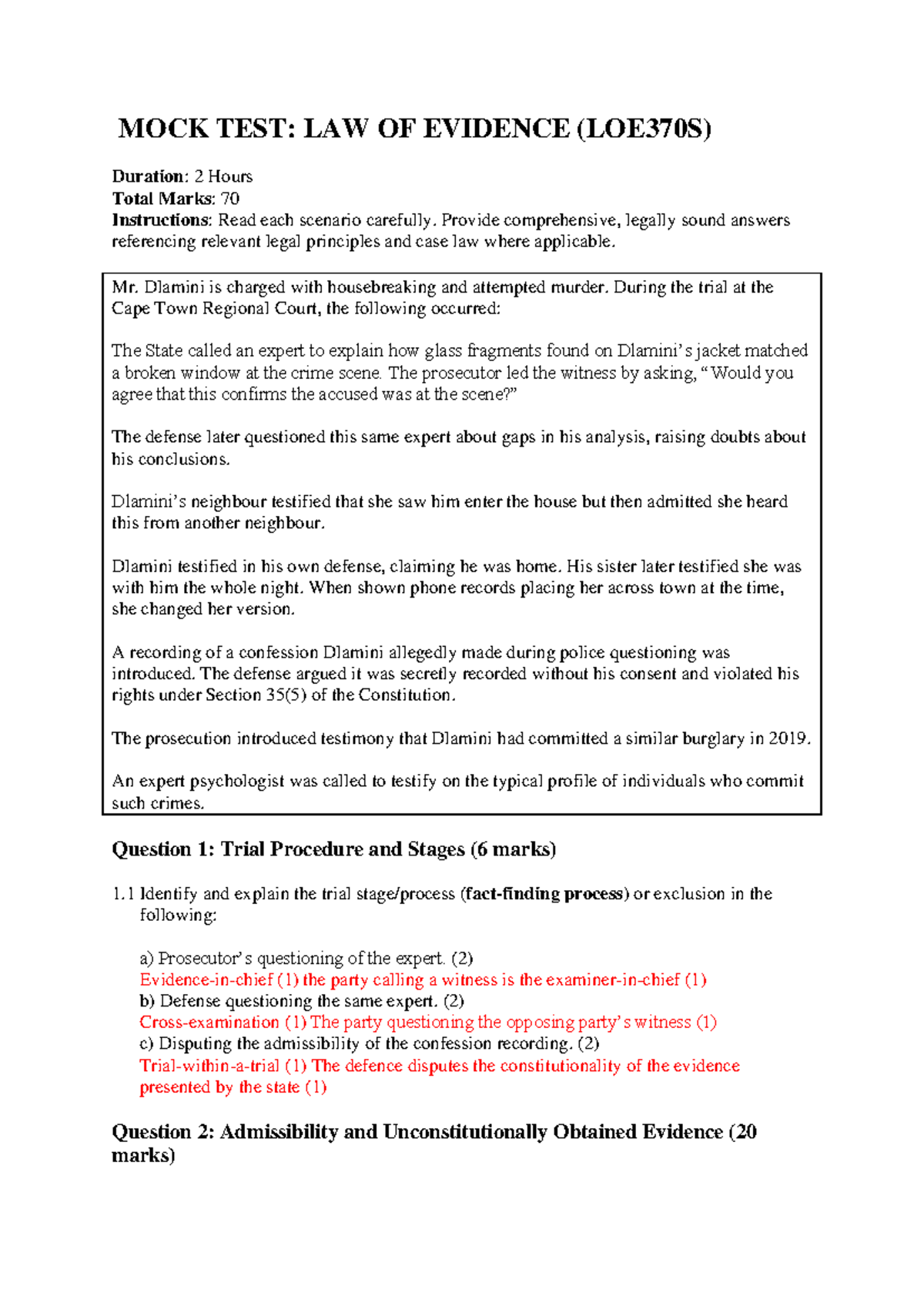 MOCK TEST MEMO: LAW OF EVIDENCE (LOE370S) Analysis & Evaluation - Studocu