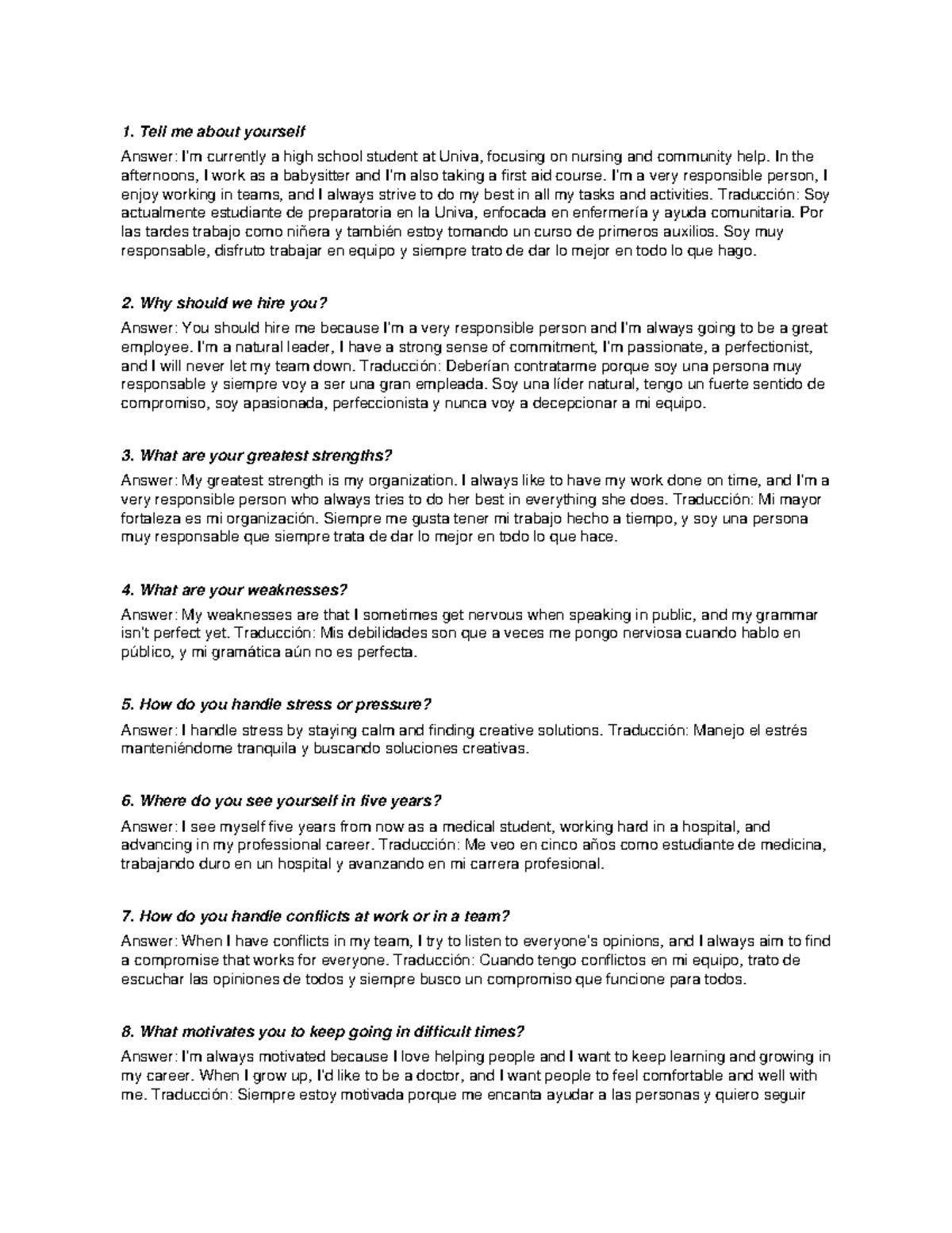 English Interview Questions: Responses and Insights - Studocu