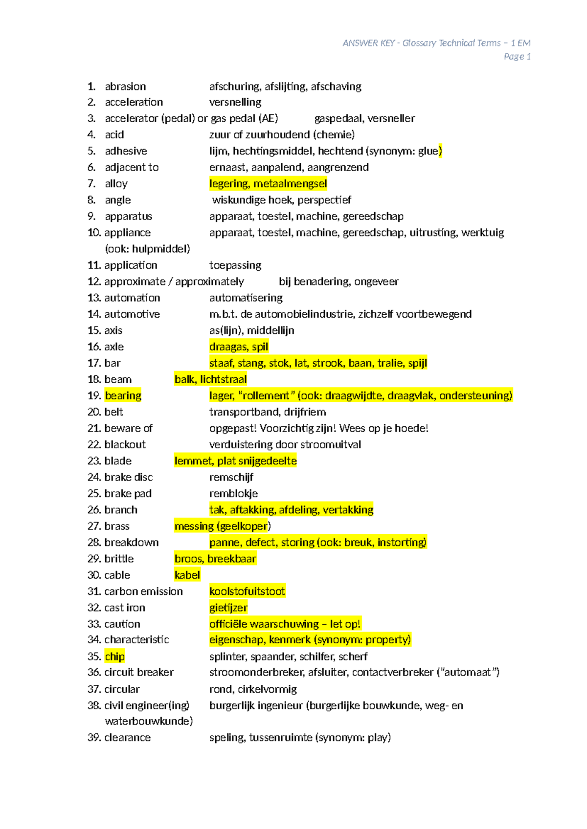 ANSWER KEY Glossary of Engineering Terms 1 EM - Studocu