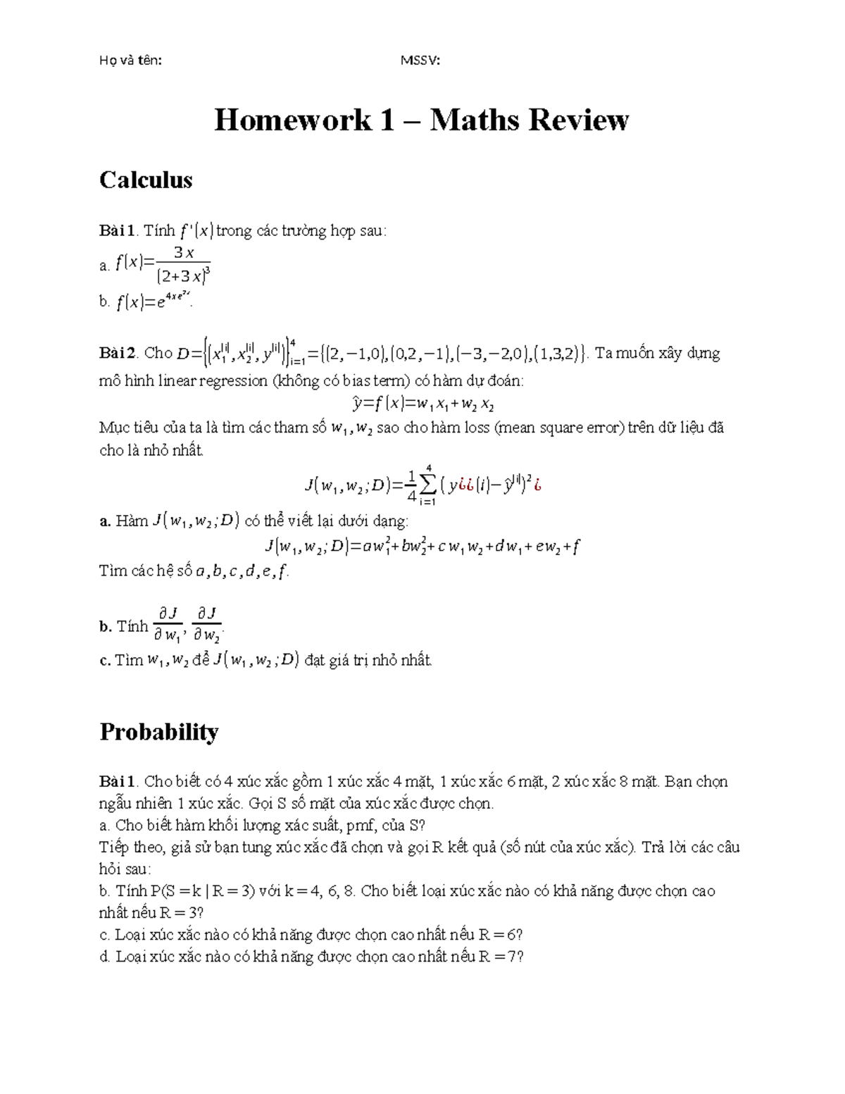 HW1 Maths Review: Calculus & Linear Algebra Exercises - Studocu