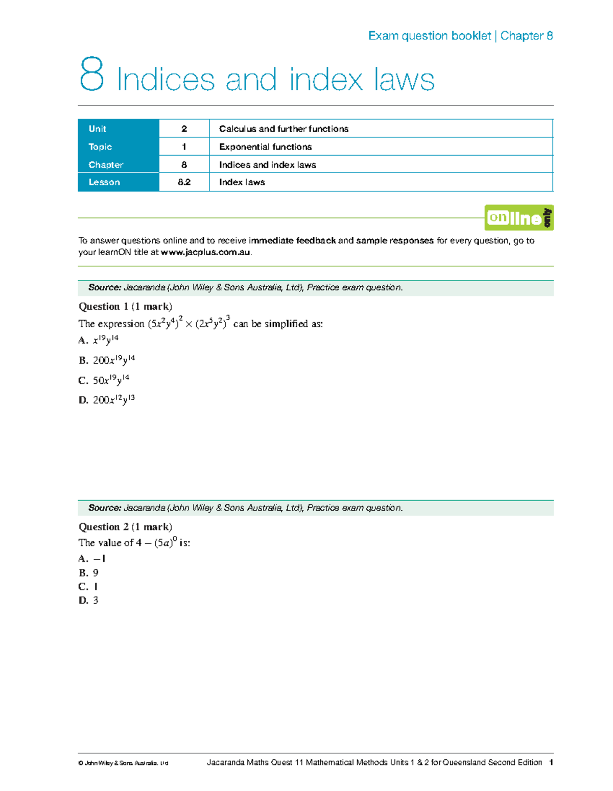 Exam Question Booklet: Chapter 8 Indices & Index Laws (Maths Quest 11 ...