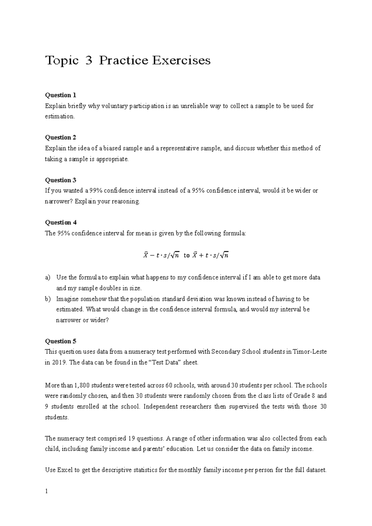 Topic 3 Practice Exercises: Sampling Methods & Confidence Intervals - Studocu
