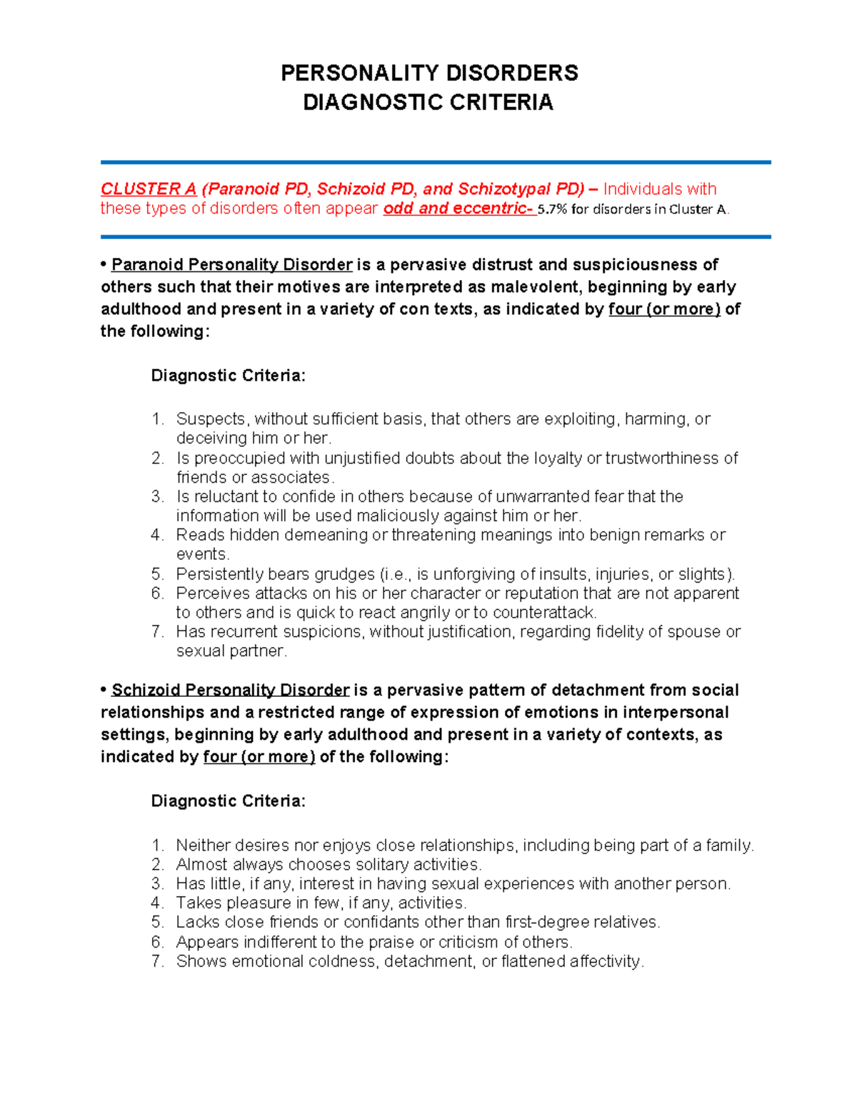 Personality- Disorder- Criteria 2 - CLUSTER A (Paranoid PD, Schizoid PD ...