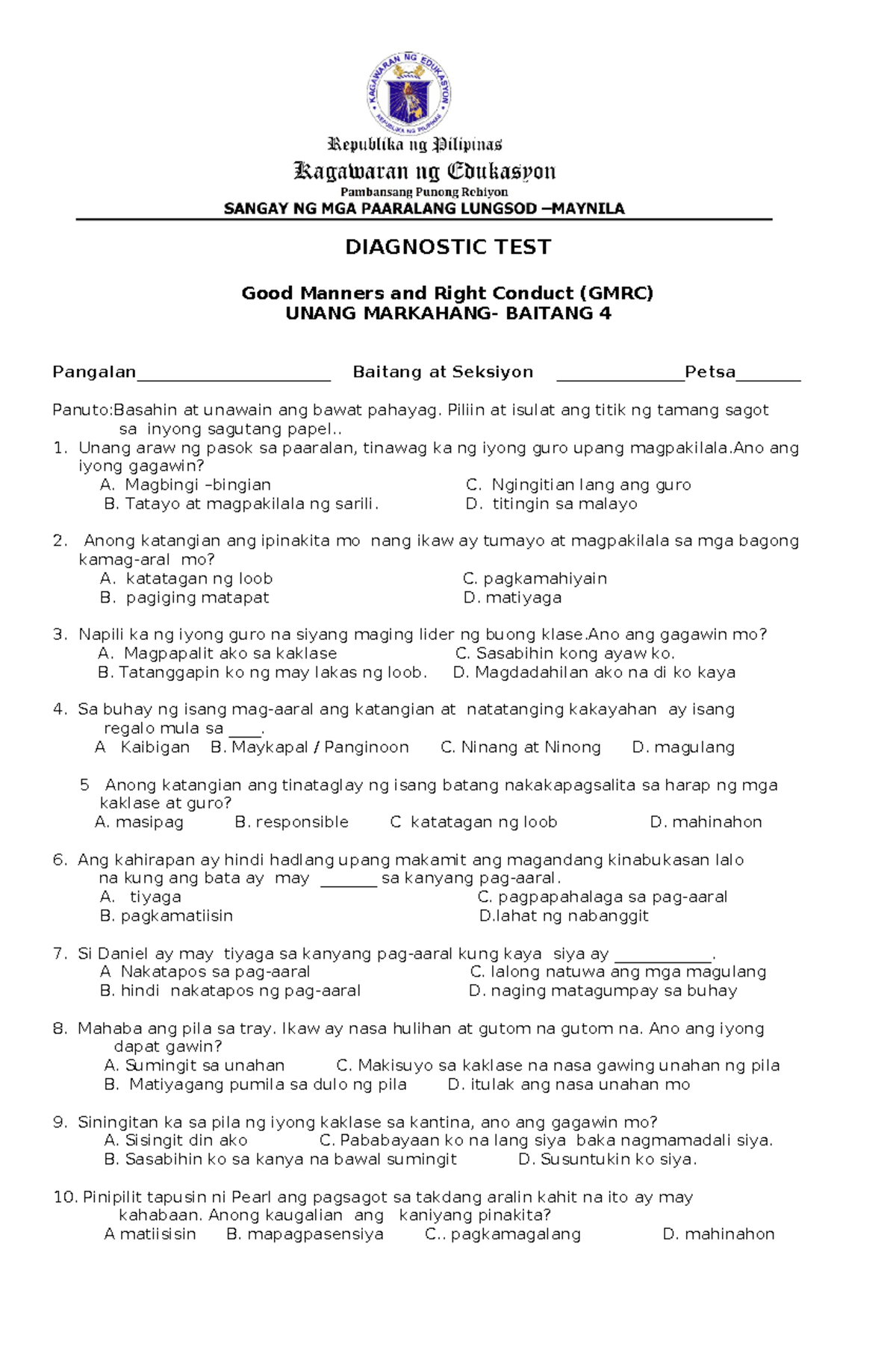 GMRC 4 Diagnostic Test with Answer Key - Good Manners and Right Conduct ...