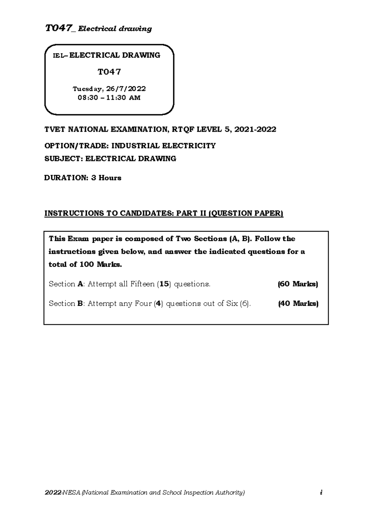2022 T047 Electrical Drawing Exam Paper - TVET Level 5 - Studocu