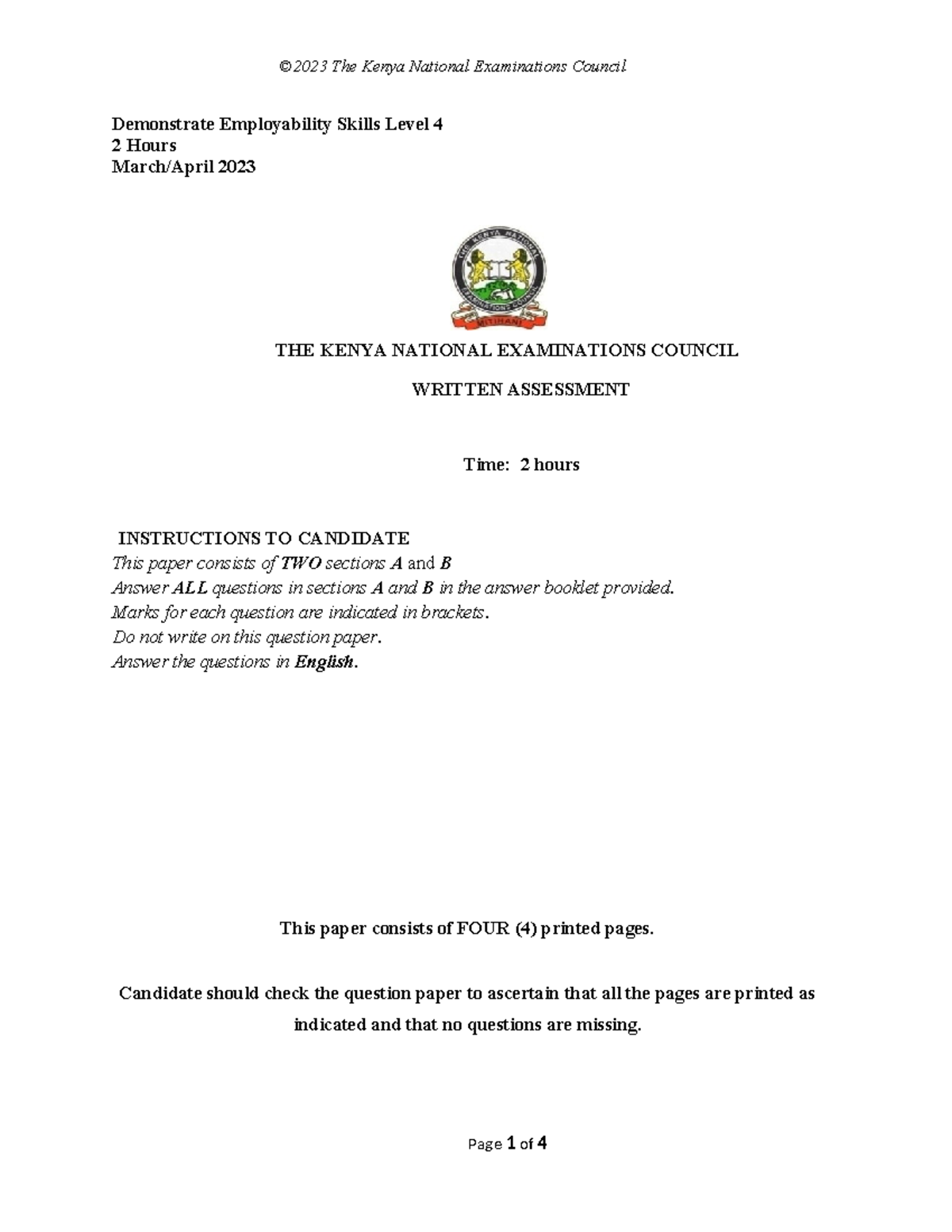 Employability Skills Level 4 Assessment - March/April 2023 - Studocu