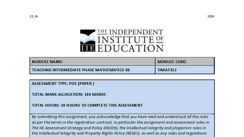 TIMA7312: POE Assessment for Teaching Intermediate Phase Mathematics 3B ...
