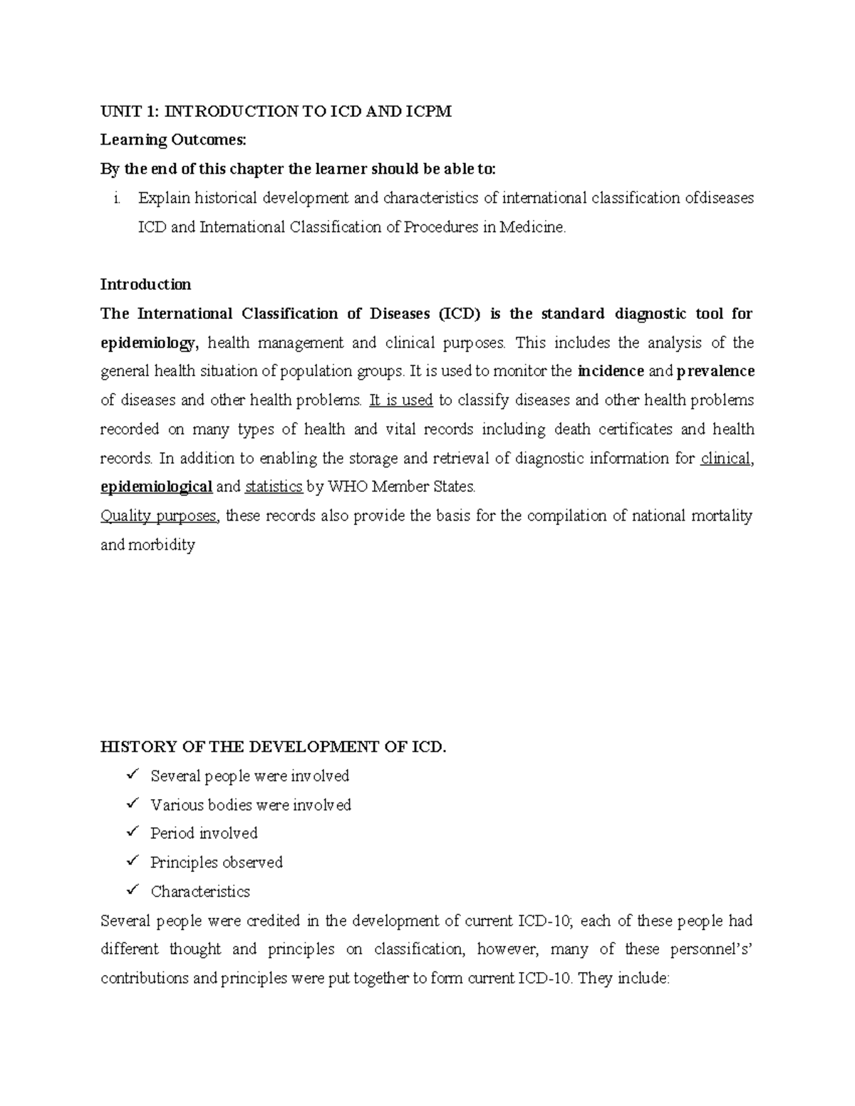 UNIT 1: INTRODUCTION TO ICD AND ICPM - Coding Notes - Studocu
