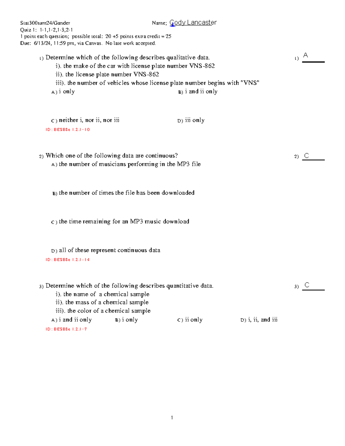 Stat300 Quiz 1: Qualitative and Quantitative Data Analysis - Studocu