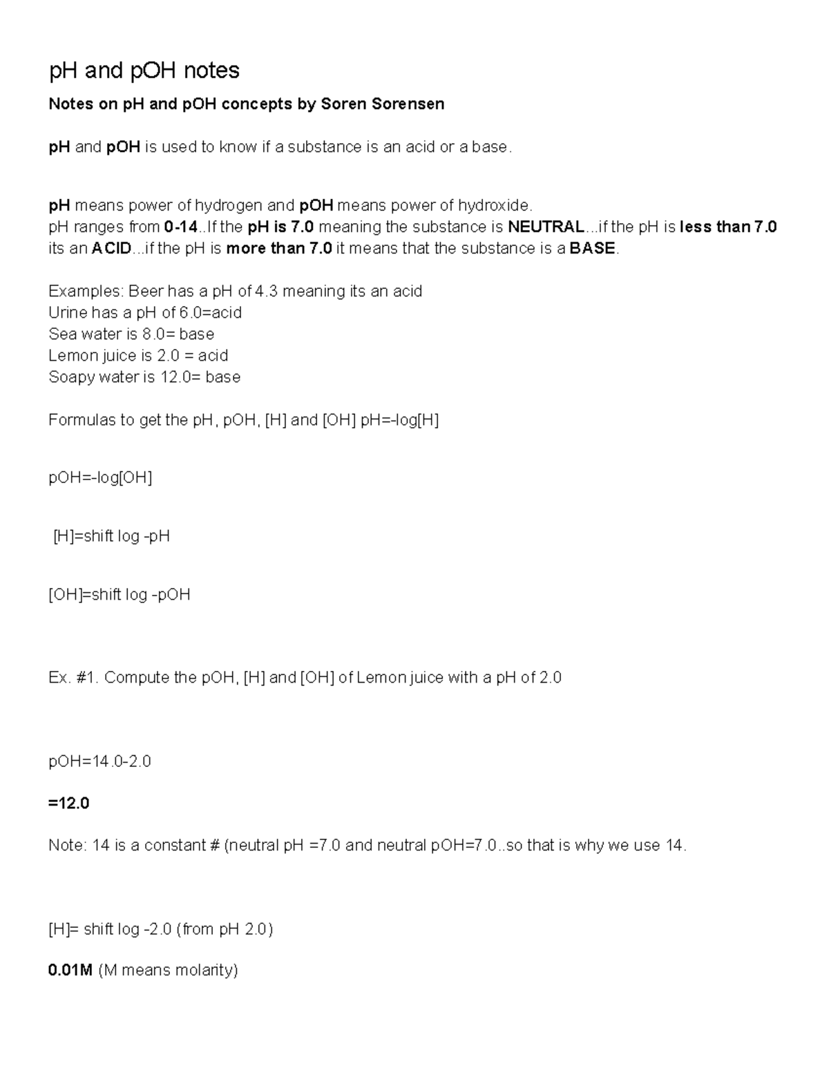 P H & p OH Notes - pH and pOH notes Notes on pH and pOH concepts by ...