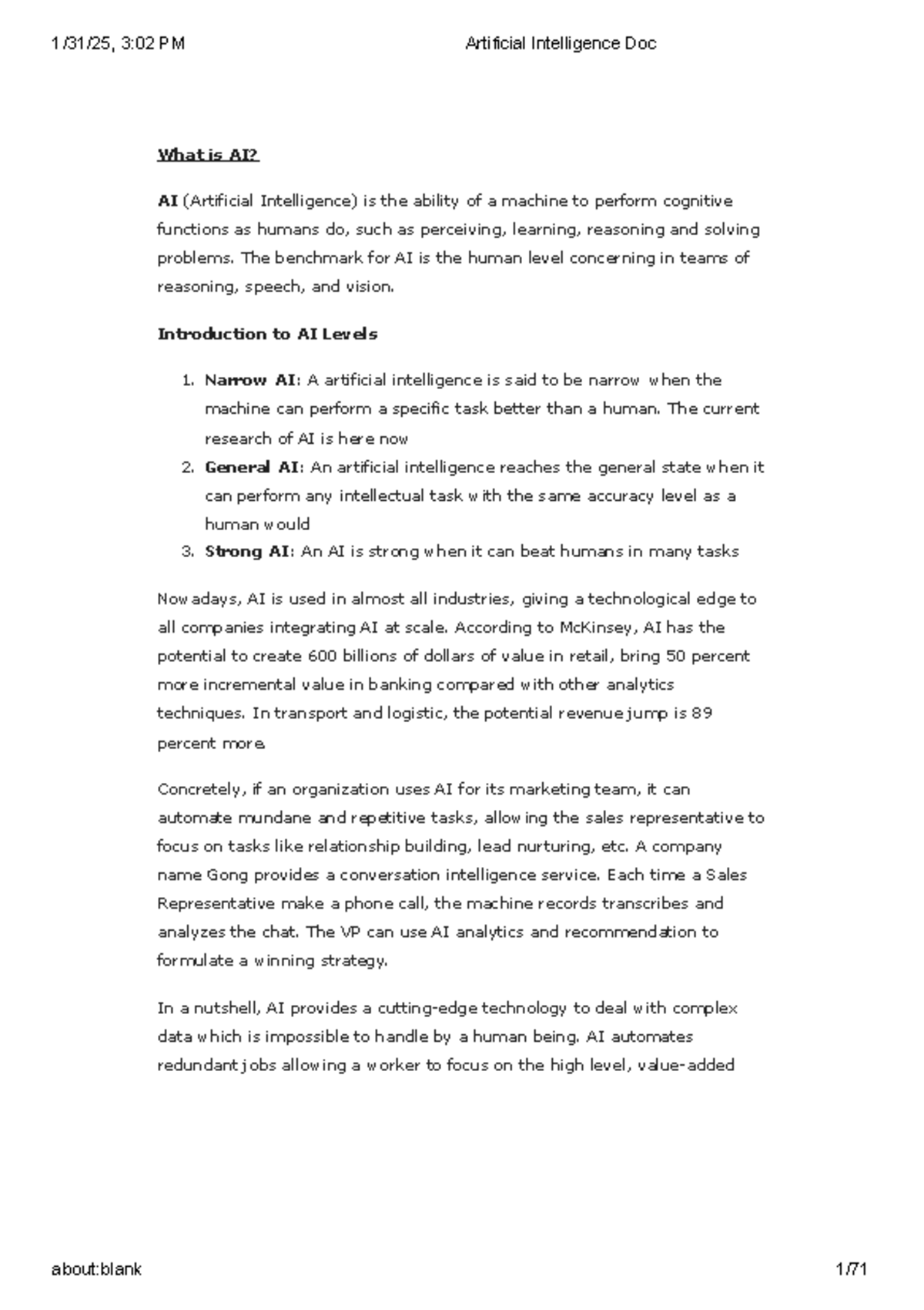 Artificial Intelligence Doc - What is AI? - Studocu