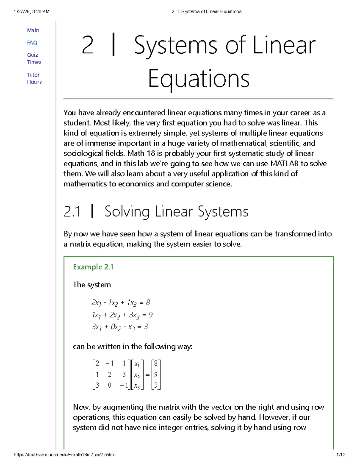 Math 18: Systems of Linear Equations - FAQ Quiz & Tutor Hours - Studocu