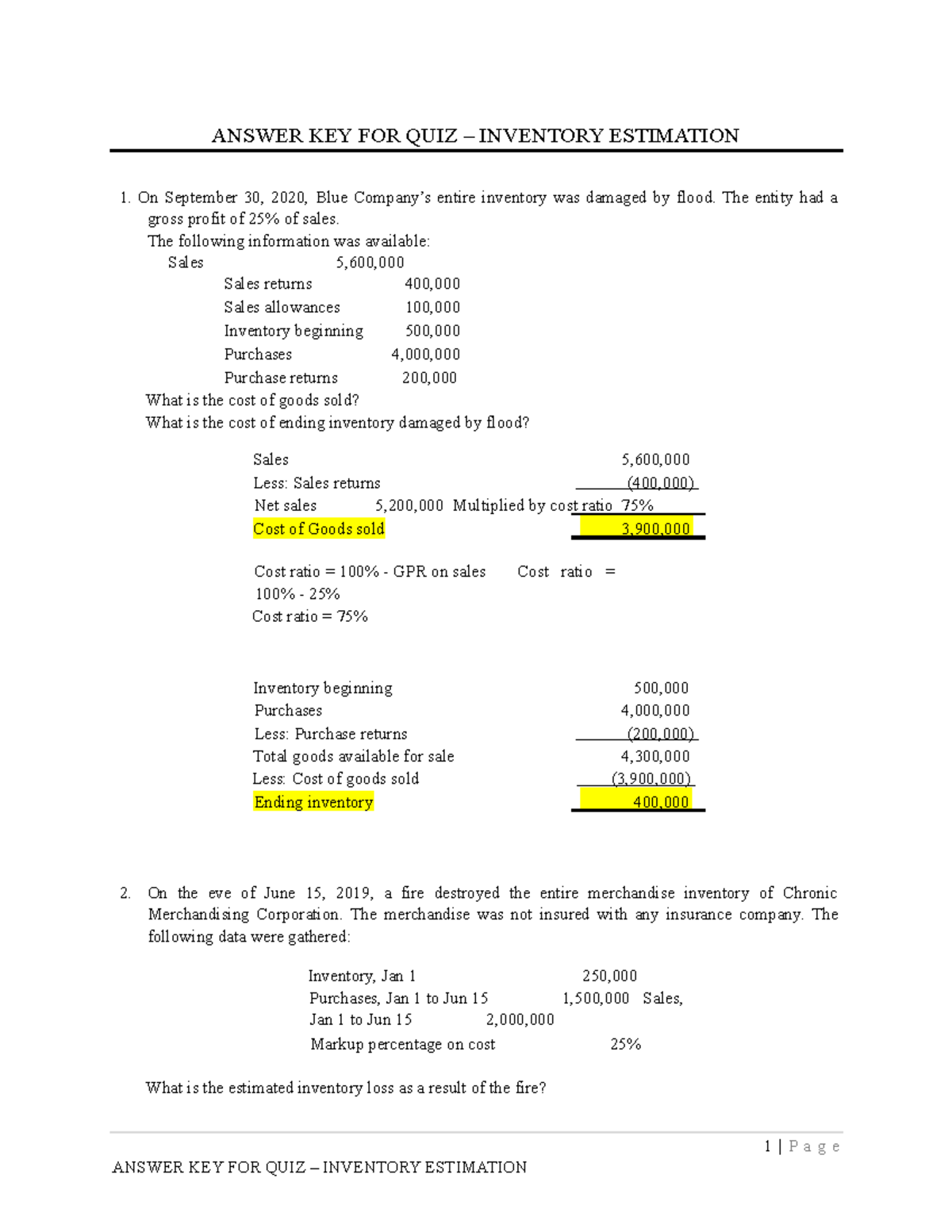 Inventory Estimation - Quiz Answer Key and Notes - Studocu